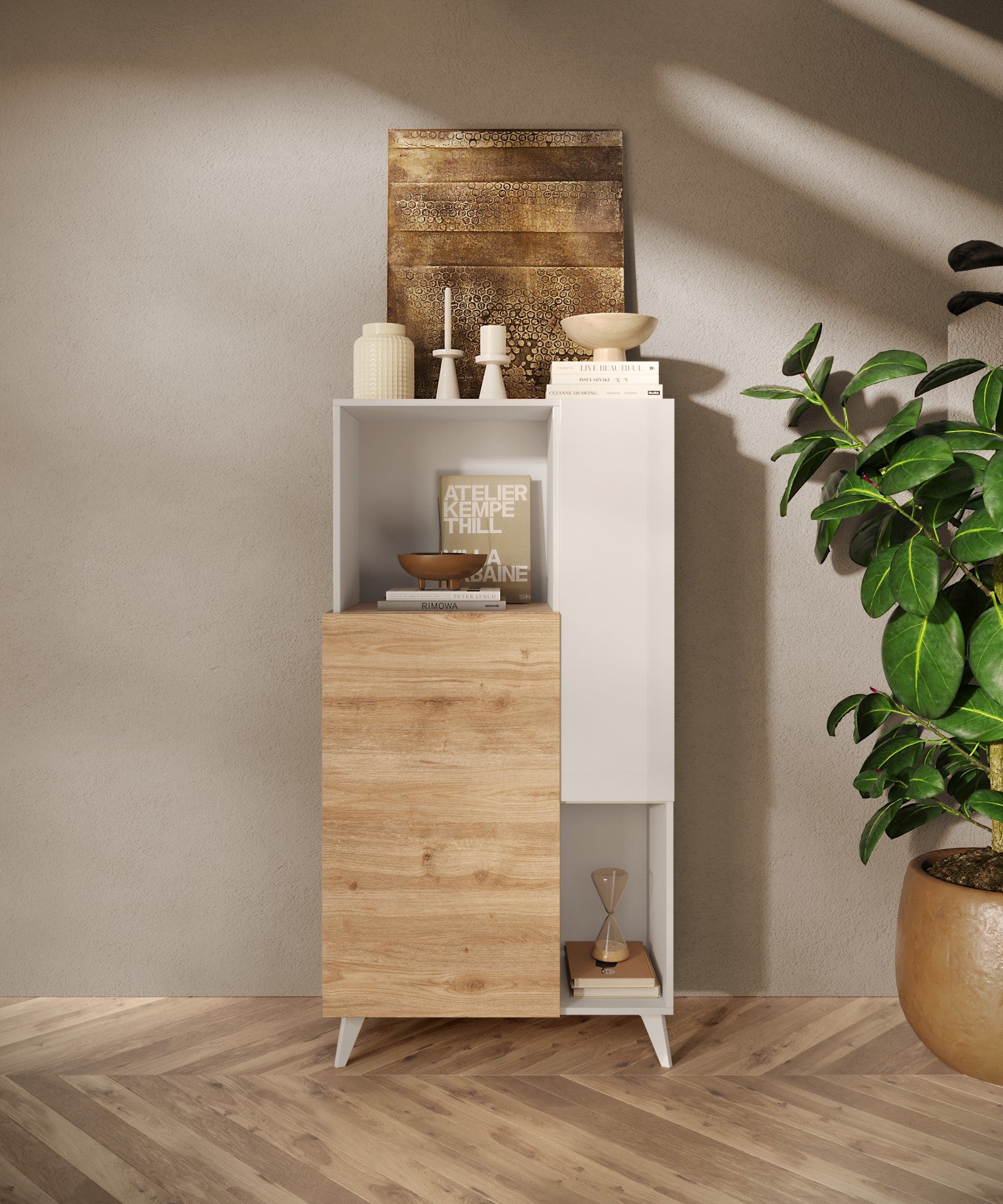 2 durvju vitrīna MONACO - White / Light Oak – KUMODES.LV